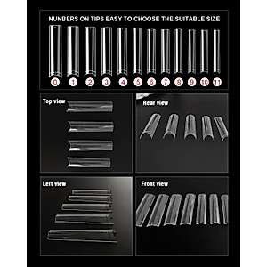 Spohom 504pcs No C Curve Nail Tips for Acrylic Nails Professional, 3XL Extra Long Clear Nail Tips Half Cover Square Shape, 12 Sizes Straight Tapered Square Fake Acrylic Nail Tips For Nail Extension Nail Art, Salon&Home DIY