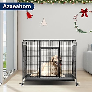 Azaeahom 43" Heavy Duty and Large Dog Crate Cage for Medium Large Dogs, High Anxiety Dog Kennel with Lockable Wheels & Removable Tray, Double Doors for Indoor Outdoor