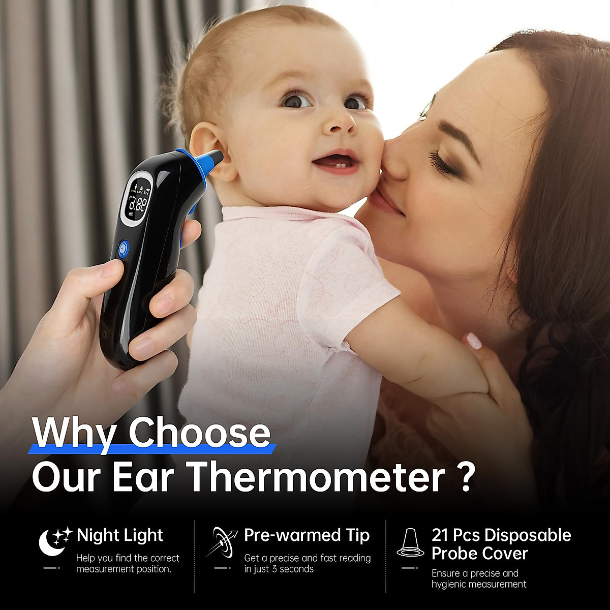 Ear Thermometer for Babies, Kids, and Adults, High Accuracy Baby Thermometer with 32 Memory Recall, LED Backlit, Mute and Night Light, 21 Disposable Probe Covers, Storage Case