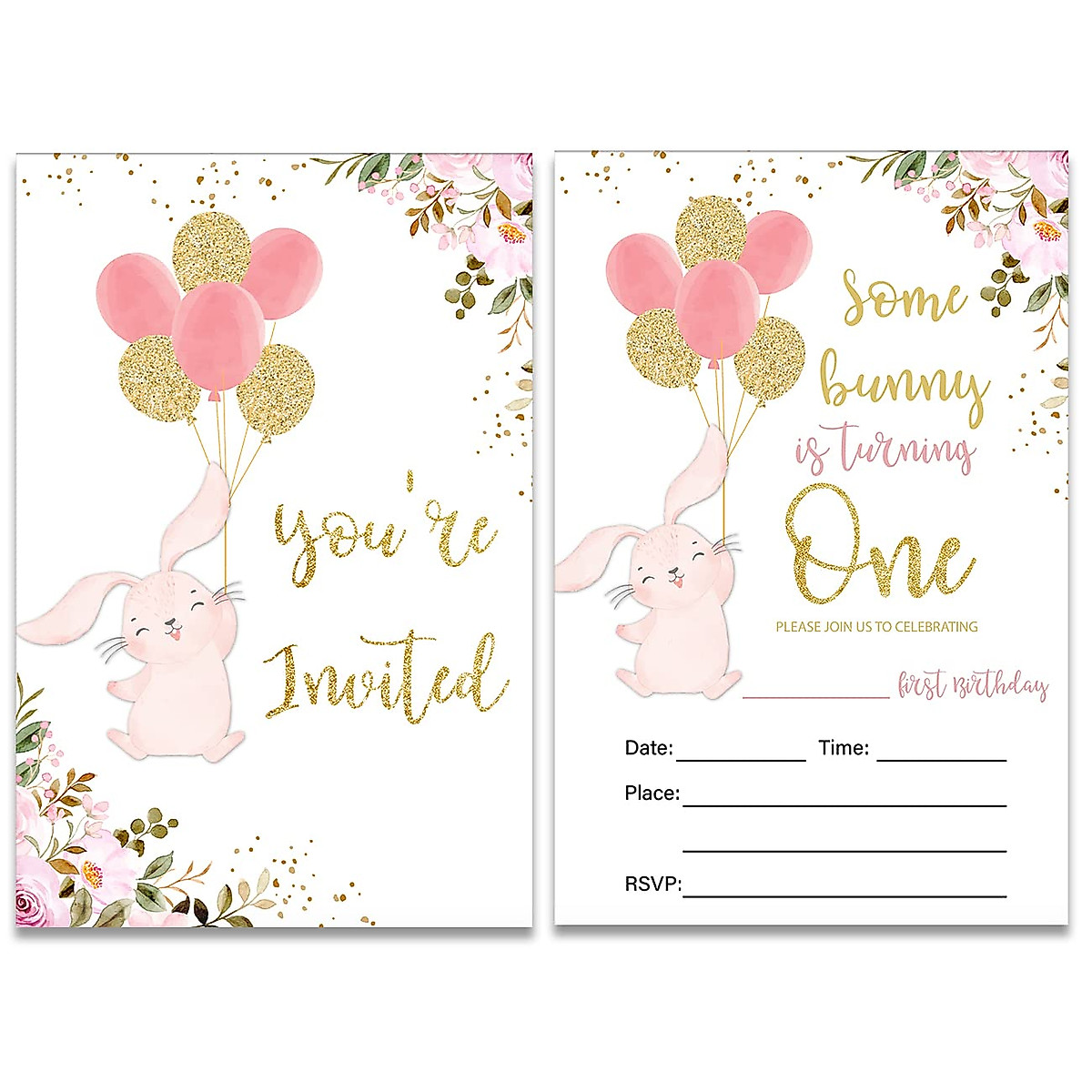 Soiceu Bunny 1st Birthday Party Invitations with Envelopes Set of 20 Pink Floral Bunny First Birthday Party Invites Fill in Blank