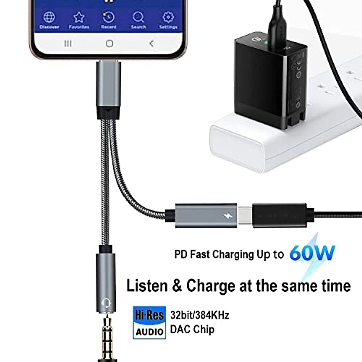 USB C to 3.5mm Headphone and Charger Adapter Up to 384KHz/32bit and 60W Fast Charging,2-in 1 USB C to Aux Audio Jack with Charging,Compatible with Samsung S22/S21/S20,Note20/10,Pixel 4 3 2 XL (Grey)