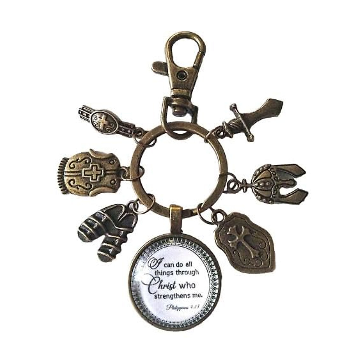 Unisex Christian Keychain, purse charm, zipper pull with I can do all things through Christ and Armor of God Tibetan Bronze Charms