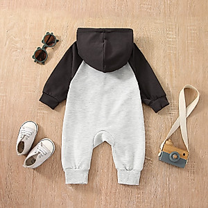 VISGOGO Baby Girls Boys Romper Contrast Color Long Sleeve Hooded Jumpsuit Zipper Autumn Outfit 0-24 Months (Dark Gray, 6-12 Months)