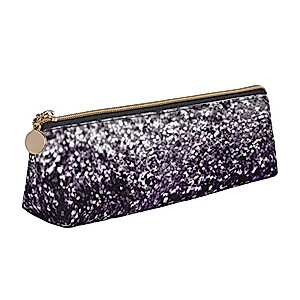 Ykklima Purple Black Silver Glitter Pattern Leather Pencil Case Zipper Pen Makeup Cosmetic Holder Pouch Stationery Bag for School, Work, Office