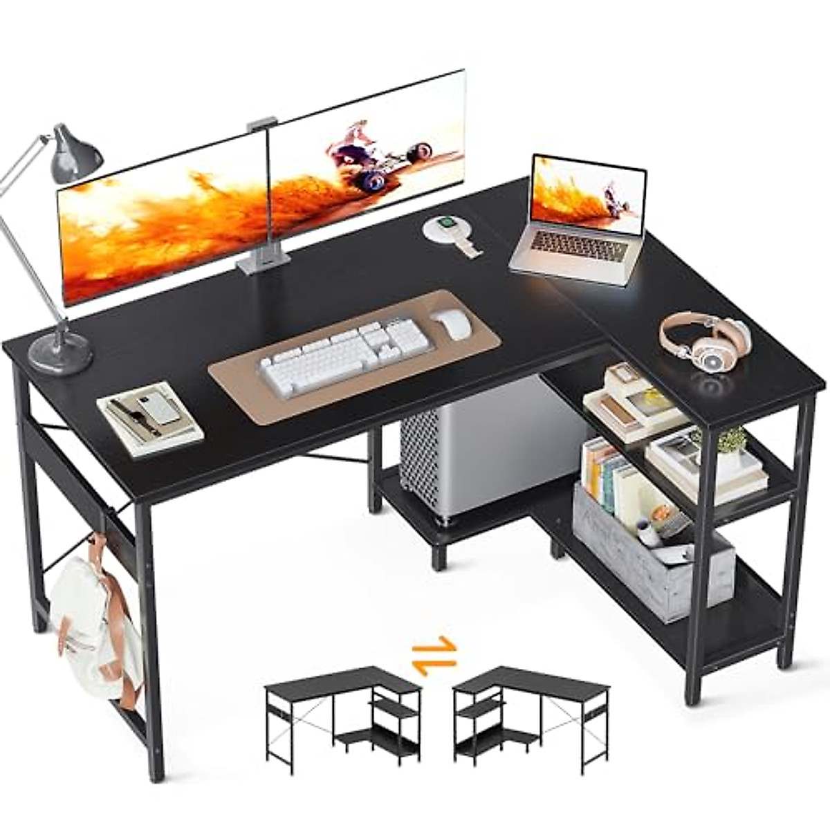 ODK Small L Shaped Computer Desk, 48 Inch Corner Desk with Reversible Storage Shelves & Iron Hook, Modern Simple Writing Study Table, Black