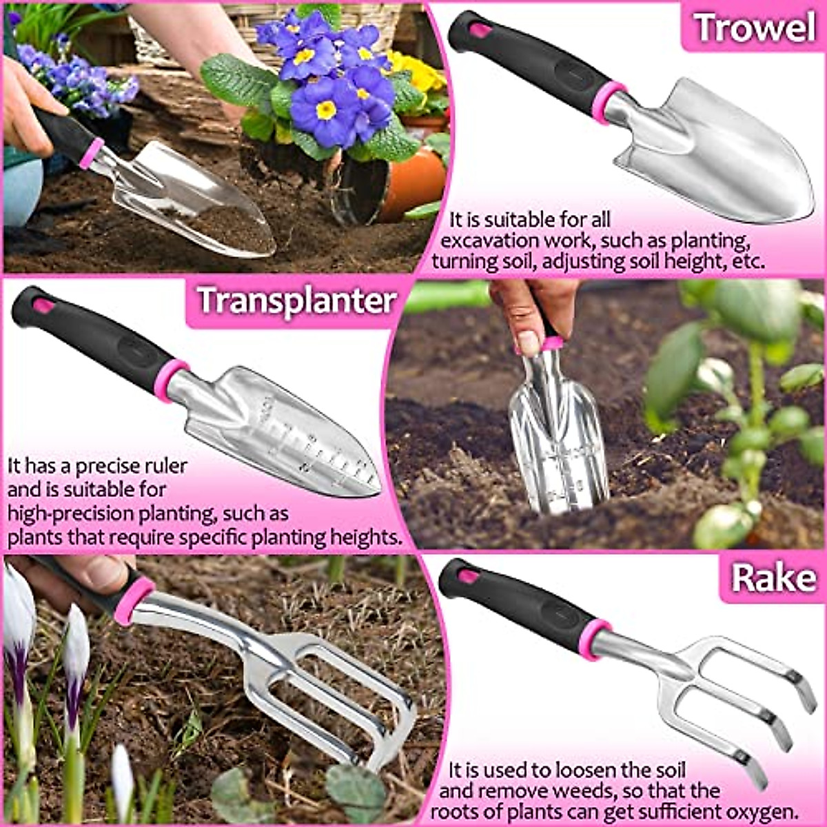 Garden Tool Set，10 Piece Pink Gardening Gifts for Women,with 2 in 1 Detachable Storage Bag, Trowel, Transplanter, Rake, Weeder, Cultivator, Purning Shears and 3 Additional Protection Tools(LANNIU)