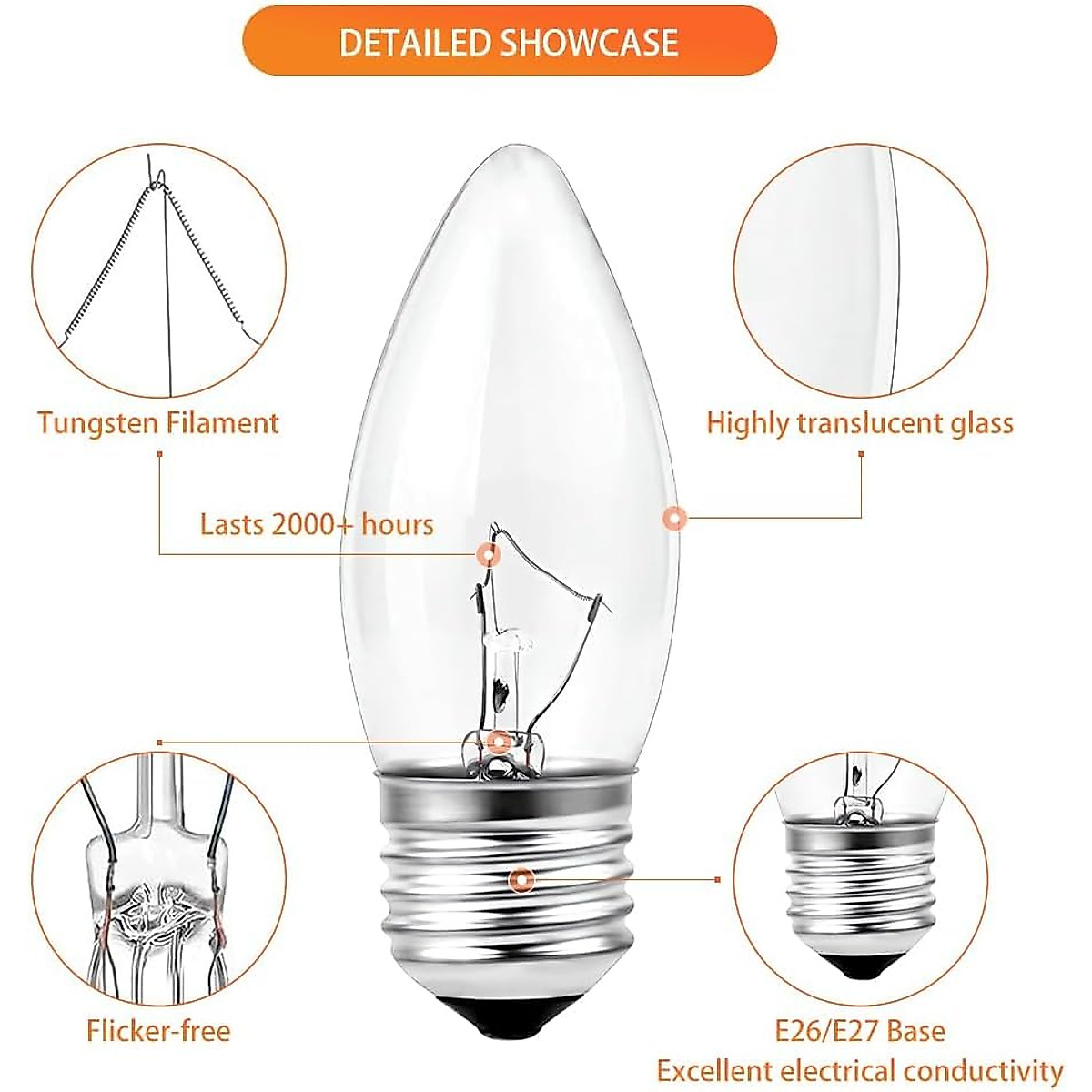 SCOMX 40W Incandescent Equivalent Energy Torpedo Tip Chandelier with Crystal Clear Incandescent Light Bulbs Tip Light Bulb and Medium E26 Candelabra Base (6)