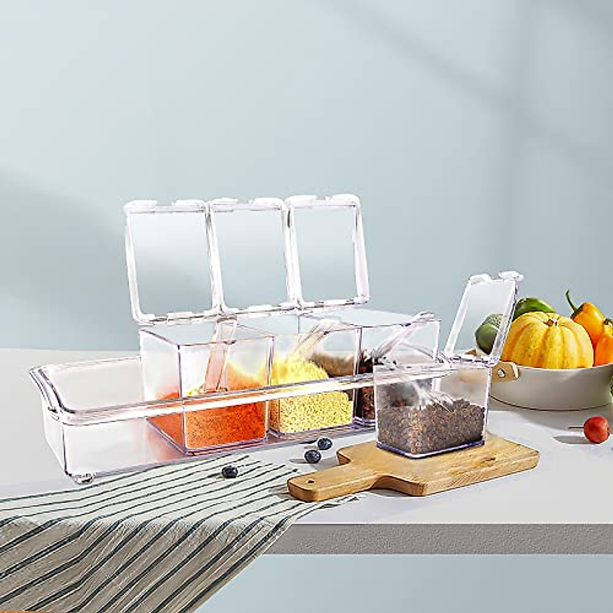 Xpr 4 Pieces Clear Seasoning Box - Cruet with Cover and Spoon,Seasoning Rack Spice Pots for Sugar, Salt, Pepper and Other Spices