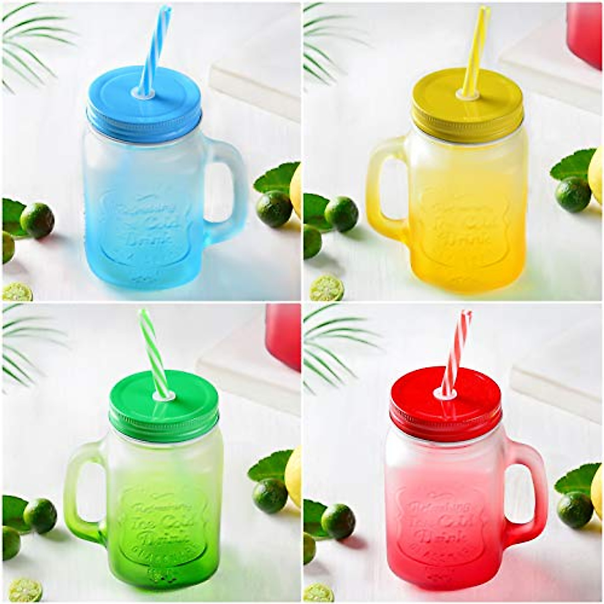 16 oz mason jars drinking glasses mugs with handles colorful straw and lids colored glass Old Fashioned Bottles Cup 4 pack for drinks coffee lemonade water