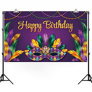 Pudodo Mardi Gras Birthday Backdrop Banner Mask Feather Masquerade Carnival Themed Party Photography Background Wall Decoration