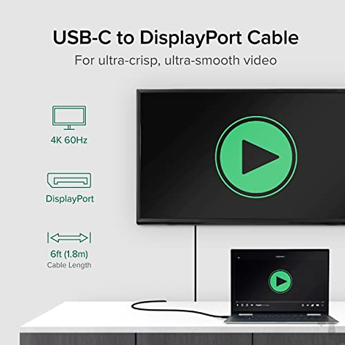 Plugable USB C to DisplayPort Cable 6 feet (1.8m), Up to 4K at 60Hz, USB C DisplayPort Cable - Compatible with Thunderbolt 4 / 3 and USB-C