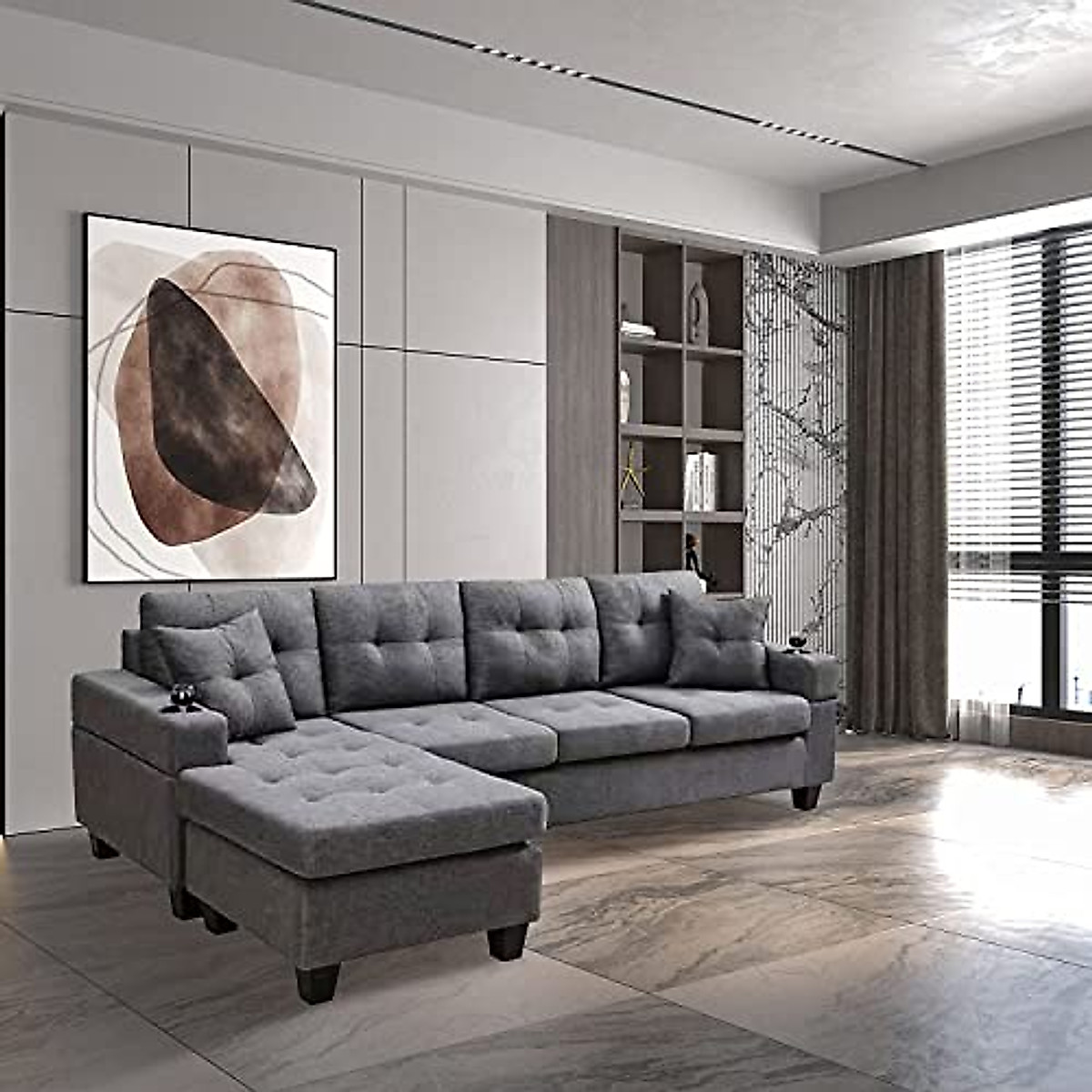 DNYN Modern Sectional Sofa Couch,Polyester Fabric 3-Seater L-Shape Corer Sofá with Chaise & Cup Holders & Removable Cushions & Throw Pillows, Furniture for Home or Office, Gray