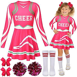 Tisancy 6 Pcs Halloween Cheerleader Costume for Girls Set Toddler Cheerleader Outfit with Pom Poms, Hair Bows and Socks (Classic Style,Large)