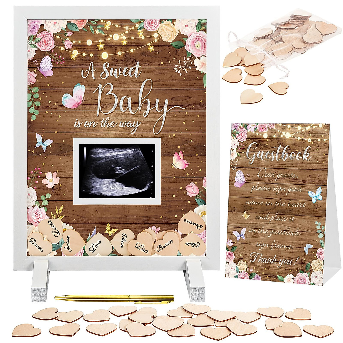 Kosiz Rustic Wood Floral Baby Shower Guest Book Alternatives Butterfly Pink Flower Guest Book Frame with Wooden Hearts for 60 Guests Baby Shower Sign Pregnancy Keepsake for Soon to Be Moms