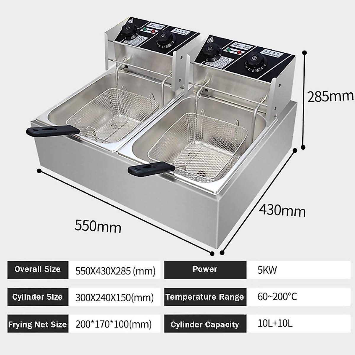 Dual Tank Electric Countertop Deep Fryer With Easy-Assembling Solid Basket, Removable Oil Container, 5000W Stainless Steel Commercial Deep Fryer For Turkey French Fries Kitchen Restaurant