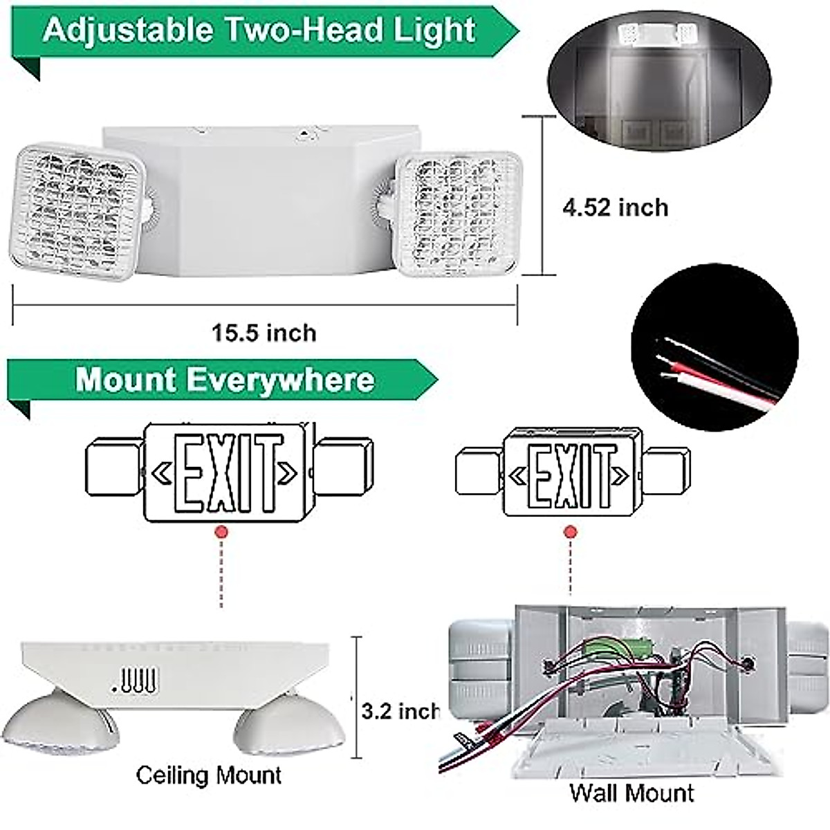 12 Pack LED Emergency Light Fixture, Commercial Emergency Lights with Battery Backup, Square Two Head Adjustable LED Emergency Light for Power Failure Business, Emergency Exit Light AC 110V-277V