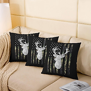 American Flag Cushion Covers 18x18 Set of 2, Deer Hunting Camo Throw Pillow Covers For Outdoors Car Chair, Military Camouflage Pillow Covers, Western Rustic Farmhouse Stars Stripes Cushion Cases
