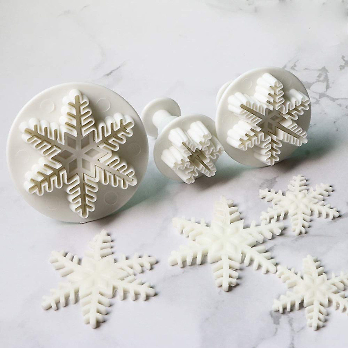 NUOMI 6 Pieces Snowflake Fondant Press Pastry Cutters Plastic Embossing Mould Cake Cookie Decorating Tool Handmade Sugarcraft Baking Supply, White, 6 Different Shapes