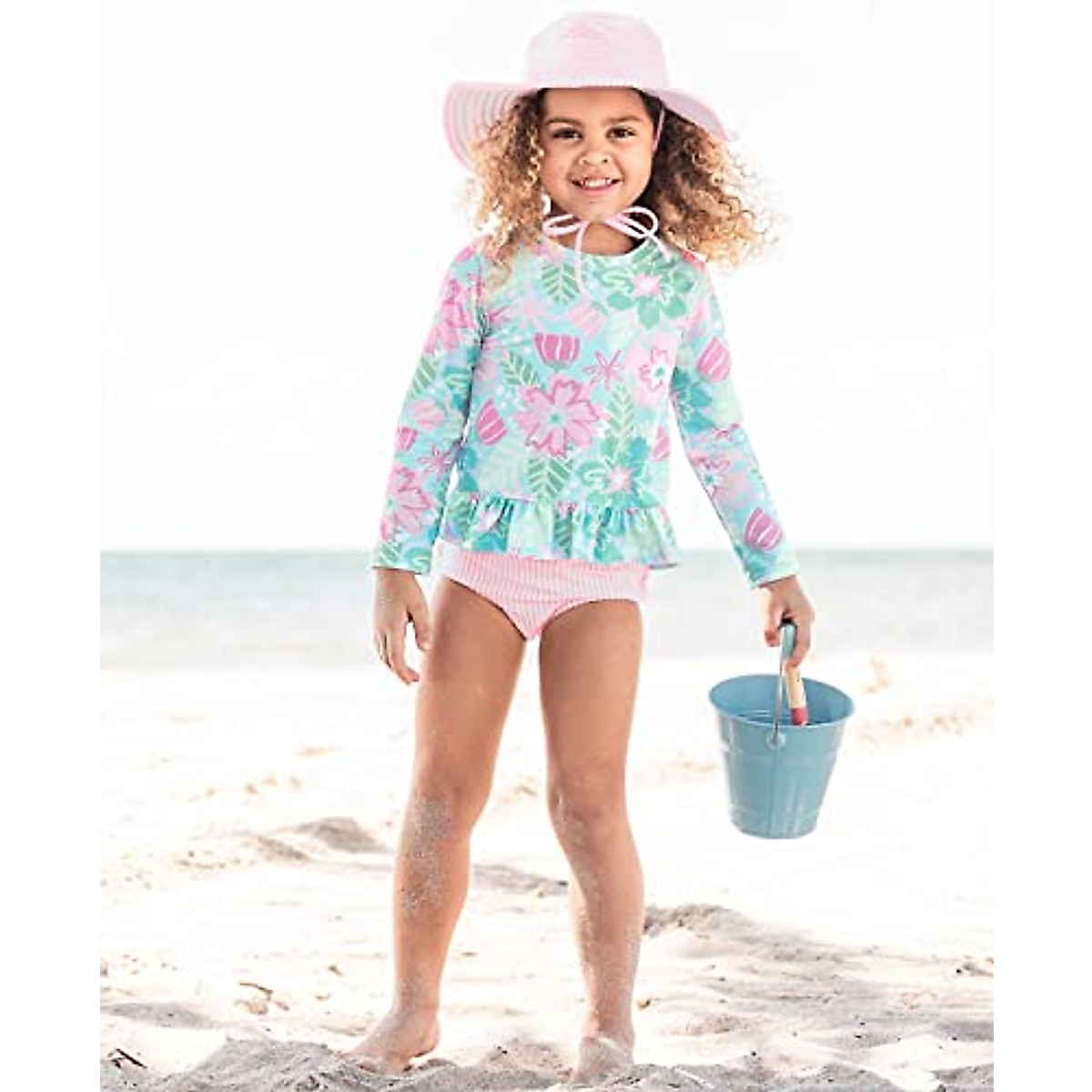 RuffleButts® Baby/Toddler Girls Pink Striped Seersucker Swim Hat - 6-10
