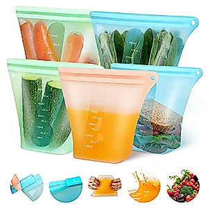 Reusable Silicone Food Storage Bags,Stand Up Leakproof Zip Containers,Reusable Sandwich Bags,Non-Toxic,BPA Free, Dishwasher Safe,Freezer-Safe,Easy to Clean（Set of 5）