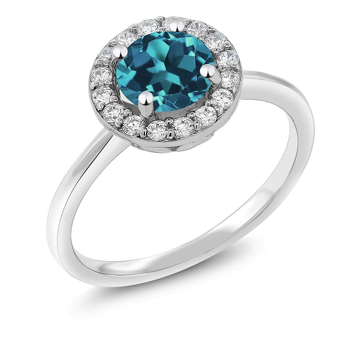 Gem Stone King 925 Sterling Silver London Blue Topaz Halo Engagement Ring For Women (1.86 Cttw, Round 7MM, Gemstone Birthstone, Available in size 5, 6, 7, 8, 9)
