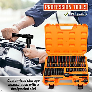 Amartisan 3/8" Drive Impact Socket Set, 6 Point, 50-Piece Standard Metric (8-22mm) and SAE (5/16-Inch to 3/4-Inch) Cr-V Steel Sockets with Adapters & Ratchet Handle