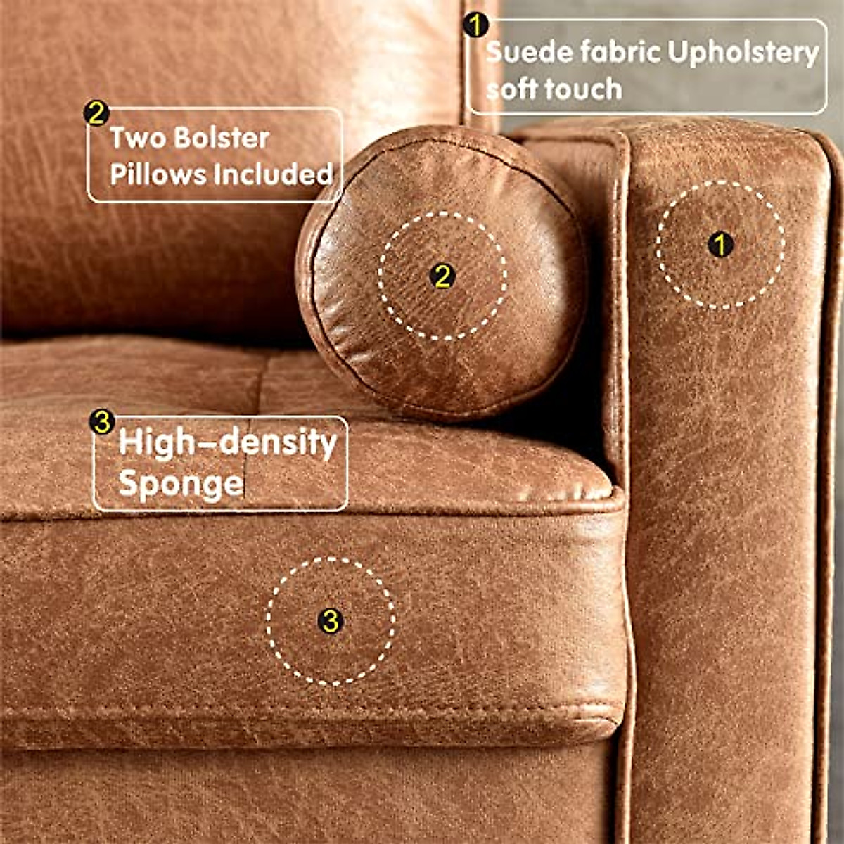 XIZZI Rivet Aiden Mid-Century Faux Leather Loveseat Sofa with Wood Grain Legs for Living Room,69.68" W Brown