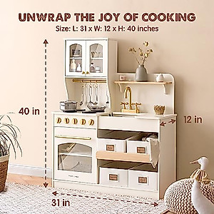 Tiny Land Play Kitchen for Kids, Wooden Play Kitchen with Toy Storage System, Toy Kitchen Set with Plenty of Play Features, Kids Play Kitchen Designed, Gift for Ages 3+