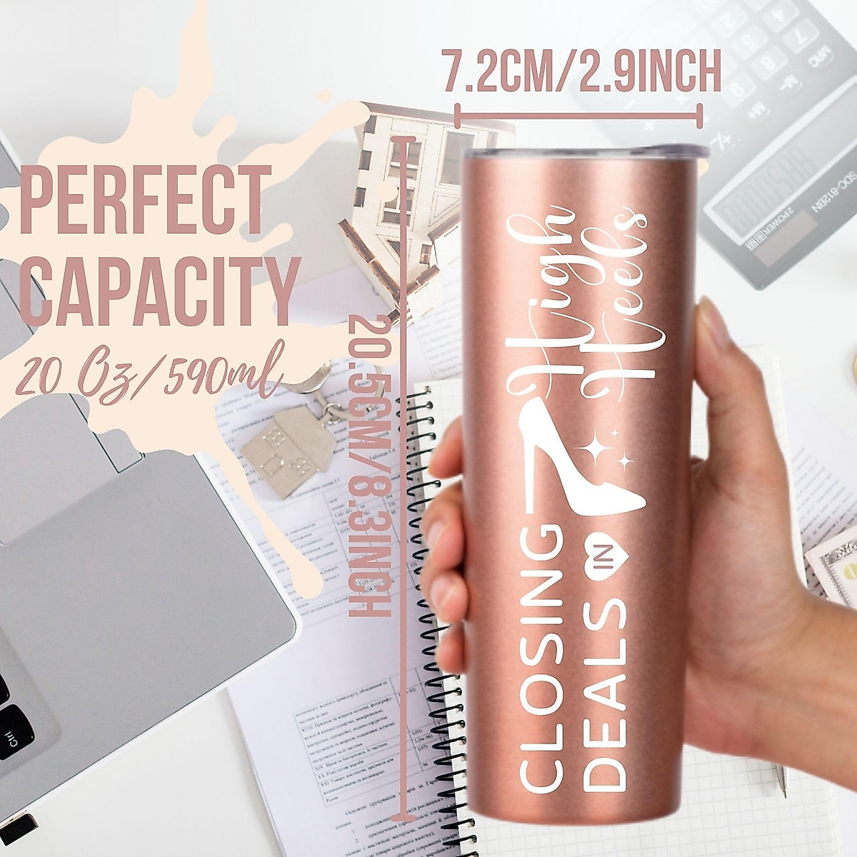 Onebttl Realtor Gifts for Women, Clossing Deals In High Heels, Funny Gifts for Real Estate Agent, Salesman, Boss, Coworkers, Employees, 20 Oz Stainless Steel Tumbler, Rose Gold