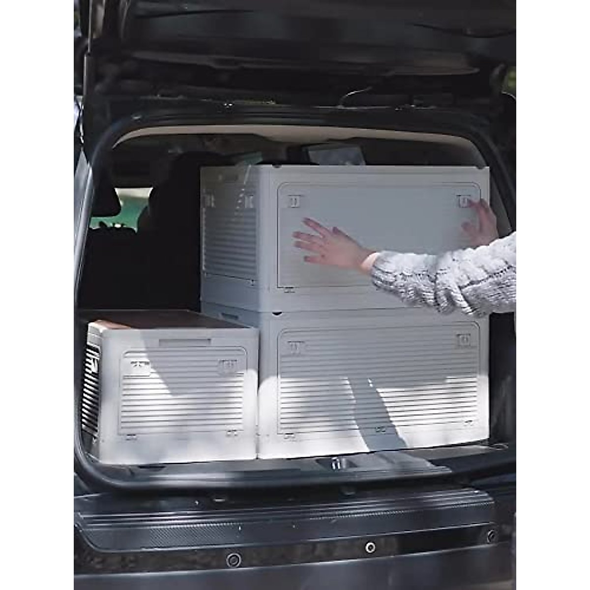 Radefasun Foldable Storage Bins with Wood Lids Plastic Collapsible Storage Box with Cutting Board Portable Stackable Grocery Container Folding Latching Storage Crate with Removable Pulley (S, White)