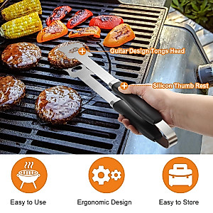 ROMANTICIST 5PCS Guitar Style Heavy Duty Grill Tool Set - Stainless Steel BBQ Tools including Spatula, Fork, Tongs, Basting Brush and Storage Bag in Unique Guitar Shape - Perfect Grill Gift Choice