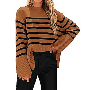 KIRUNDO Women's 2023 Fall Winter Casual Oversized Long Sleeve Striped Sweater Crew Neck Ribbed Knit Side Slit Pullover(Brown, Large)