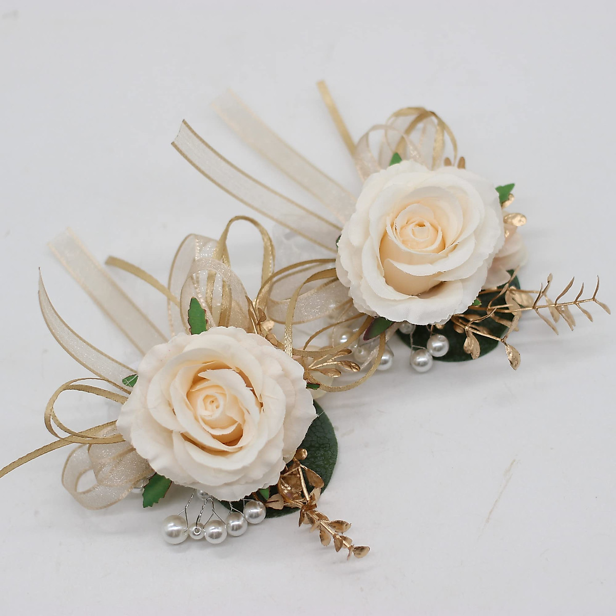 YOKOKE 2 Corsages, Handmade Artificial Peony Rose Wrist Corsage Wristlet Wedding Prom Suit Decorations (2 Gold Wrist Corsage)