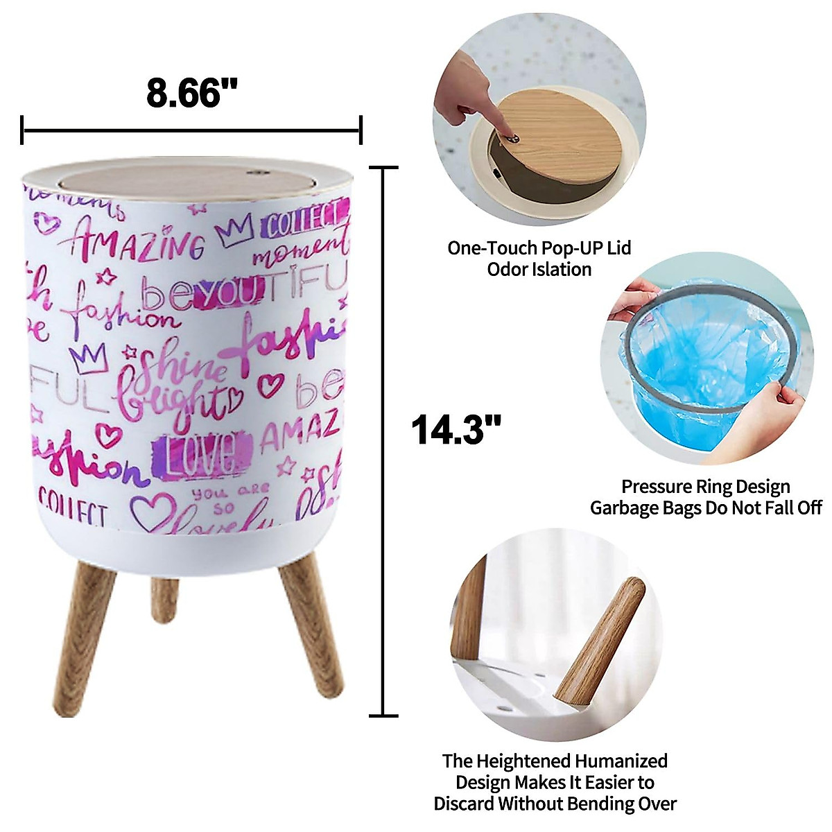 Small Trash Can with Lid for Bathroom Kitchen Office Diaper Abstract drawing pattern Fashion drawing text slogan Girlish teen Bedroom Garbage Trash Bin Dog Proof Waste Basket Cute Decorative