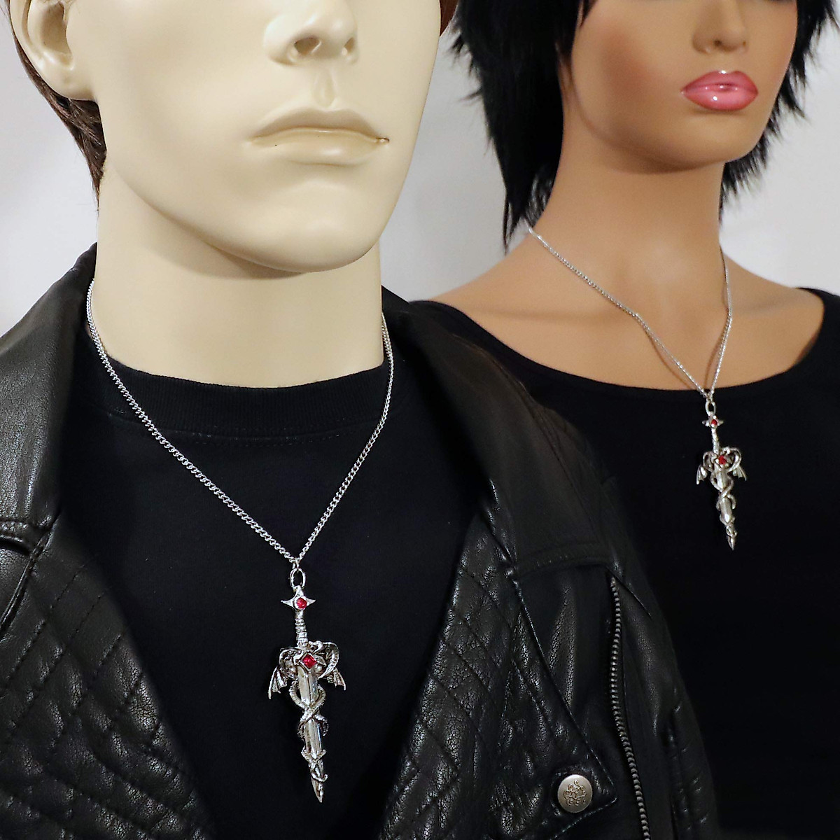 Dragons Wrapped Around Sword Medieval Renaissance Silver Finish Pendant Necklace