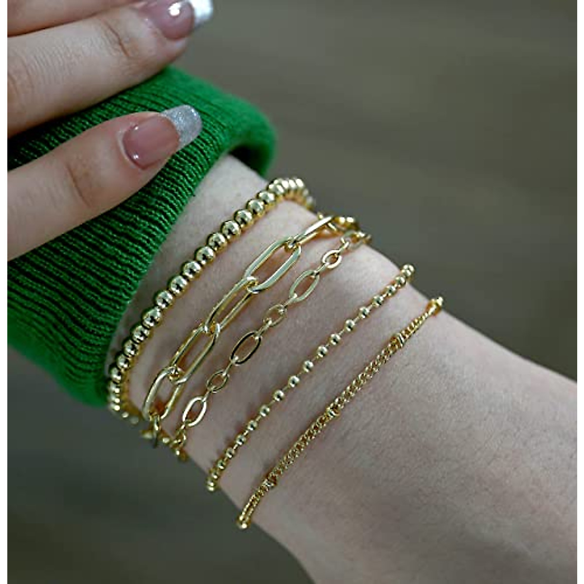 CONRAN KREMIX Gold Chain Bracelet Sets for Women Girls 14K Gold Plated Dainty Link Paperclip Bracelets Stake Adjustable Layered Gold Bracelet for Women Trendy Gold Jewelry For Women