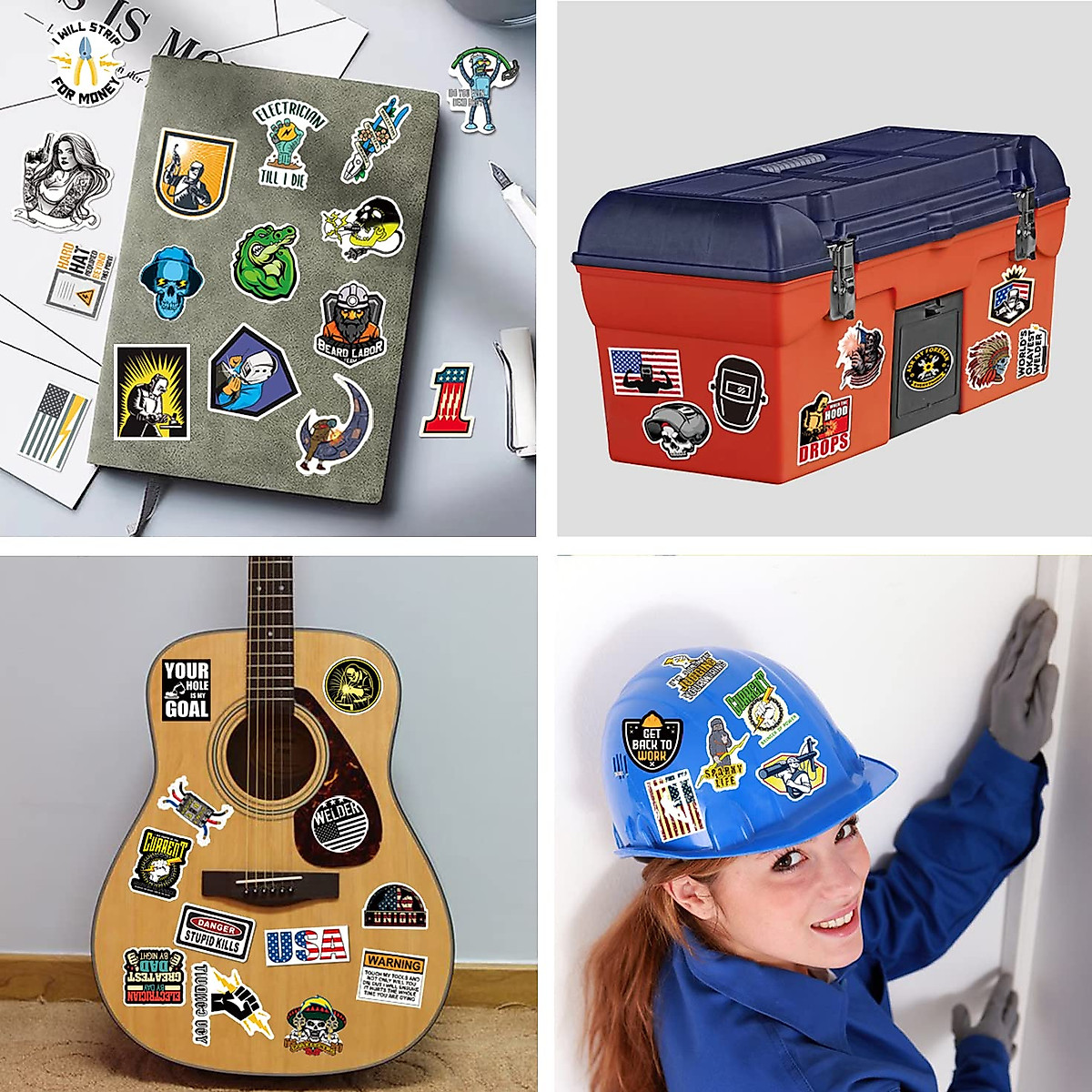 200Pcs Hard Hat Stickers Decals for Toolbox Helmet Hood, Funny Hardhat Stickers for Welder Electrician Construction Union Military Lineman, Waterproof Vinyl Stickers for Men