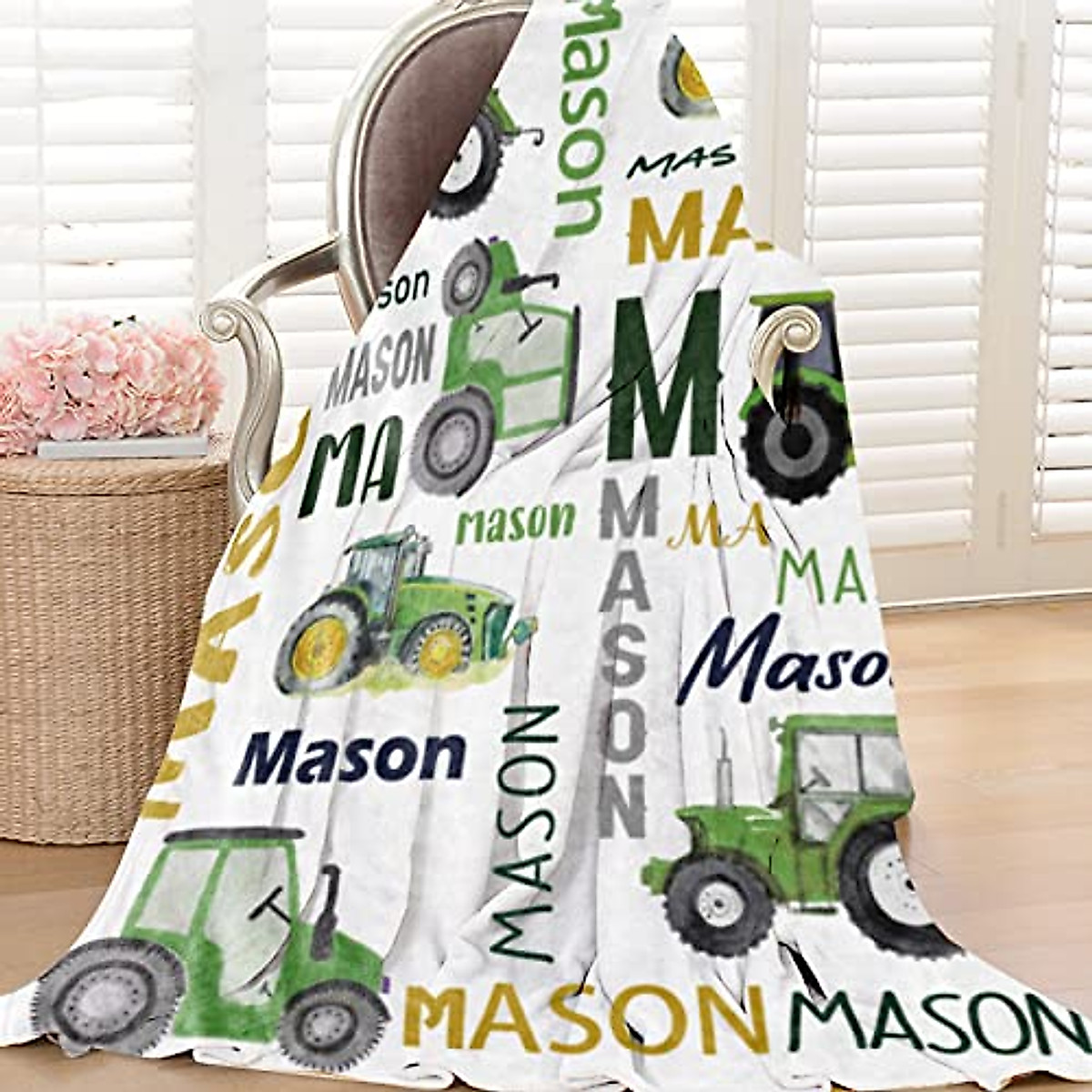 Custom Tractor Blanket with Name for Boys Girls Kids, Personalized Name Blanket Trucks, Soft Flannel Blankets Customized Gift for Children Day Birthday Christmas-40 x50