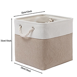 MidmmVick 13 x 13 Inch Cube Storage Bins, 4 Pack Large Collapsible Fabric Storage Bin with Ropes, Foldable Storage Cubes for Home, Office,Closet, Clothes, Toys Organizer (White & Beige)