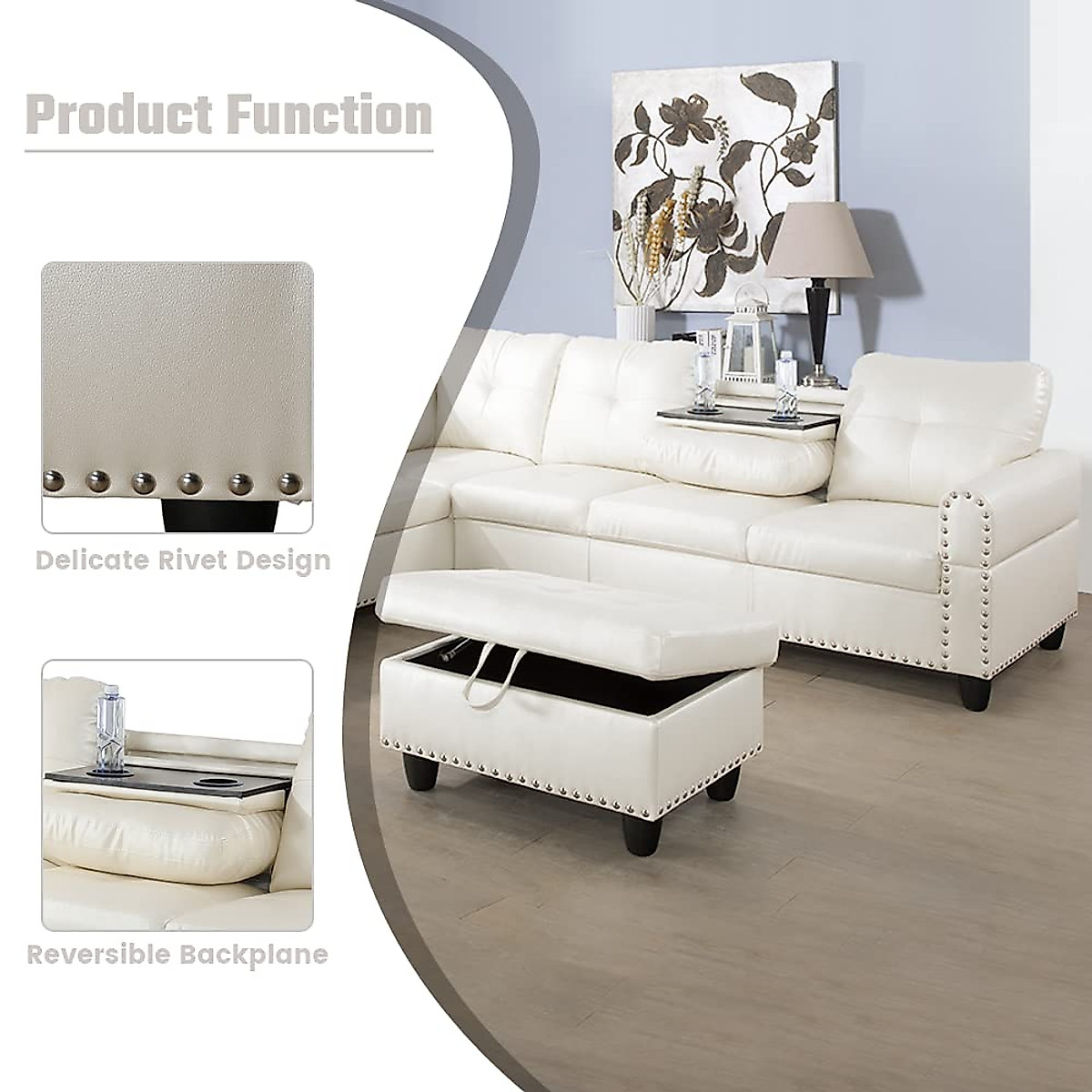 GEBADOL 97" Wide Rivet Designed L-Shaped Sofa Set 3 Pieces Faux Leather Couch and Chaise with Extra Storage Ottoman for Living Room/Office/Apartment (Left-Hand Facing, White)