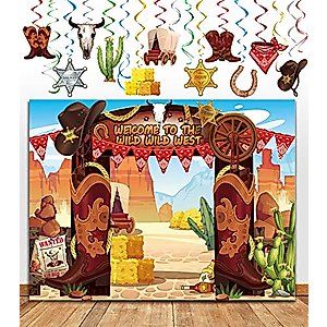 TMCCE Western Cowboy Party Decoration Wild West Cowboy Western Photography Backdrop Background and Western Cowboy Theme Hanging Swirls Foil Swirls