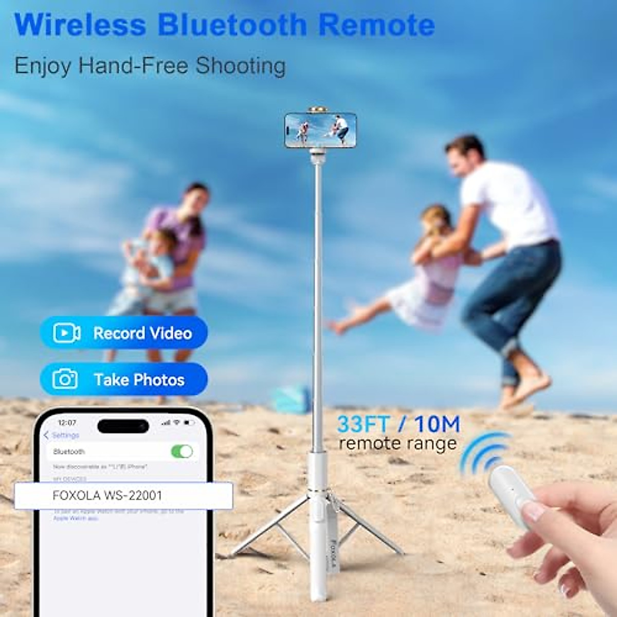 FOXOLA 61" Phone Tripod & Selfie Stick, Extendable All-in-1 Cell Phone Tripod Stand with Wireless Remote, Portable Tripod for iPhone14/13/12 Android in Selfies/Live Stream/Record/Vlog, White