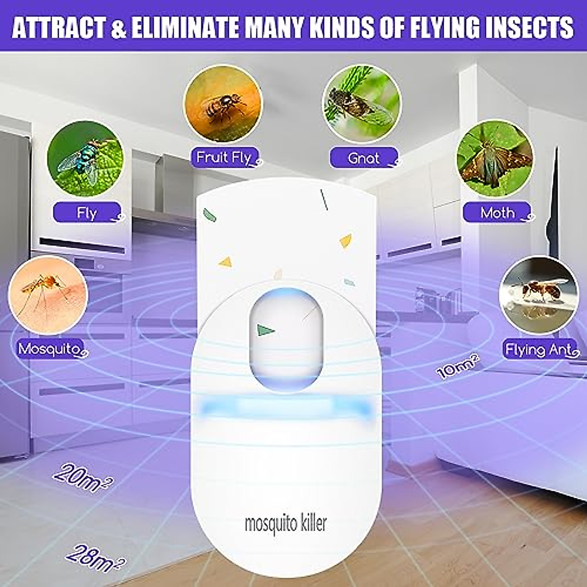 4 Pack Flying Insect Trap Plug In, 2023 Mosquito Gnat Flea Insect Traps Catcher Killer with Night Light & 20 Sticky Trap Boards, Fruit Fly Traps for Indoor Bug Catcher Fly Traps Indoor for Home Office