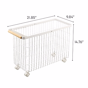 Yamazaki Home Tosca Compact Rolling Laundry Basket Cart - Metal Hamper With Wheels And Handle For Easy Mobility - Space-Saving Storage Solution, 15" - Steel + Wood - 9.2 Gallons, 35L