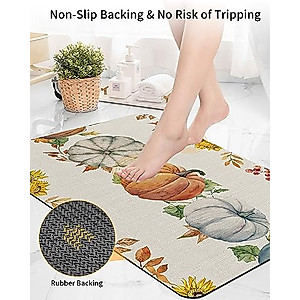 Bath Mat for Bathroom Non Slip Thanksgiving Fall Pumpkin Sunflower Maple Leaves Linen Diatomaceous Earth Bath Mats Highly Absorbent Door Mat Diatom Mud Washable Bathroom Mat for Tub Shower 18x30 Inch