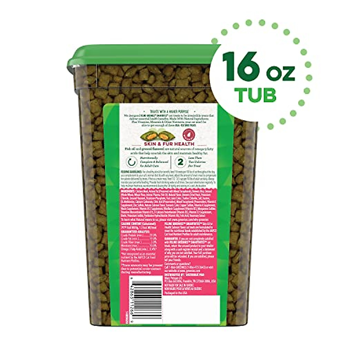Greenies Feline SMARTBITES Skin & Fur Crunchy and Soft Textured Adult Natural Cat Treats, Salmon Flavor, 16 oz. Tub