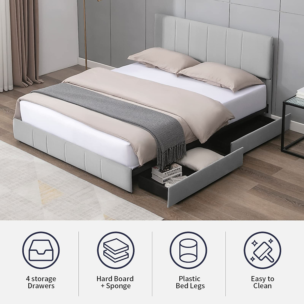 ZAFLY Platform California King Size Bed Frame with Adjustable Headboard,Upholstered Cal King Bed Frame with 4 Storage Drawers,Wooden Slats Support,No Box Spring Needed,Easy Assembly (Light Grey)