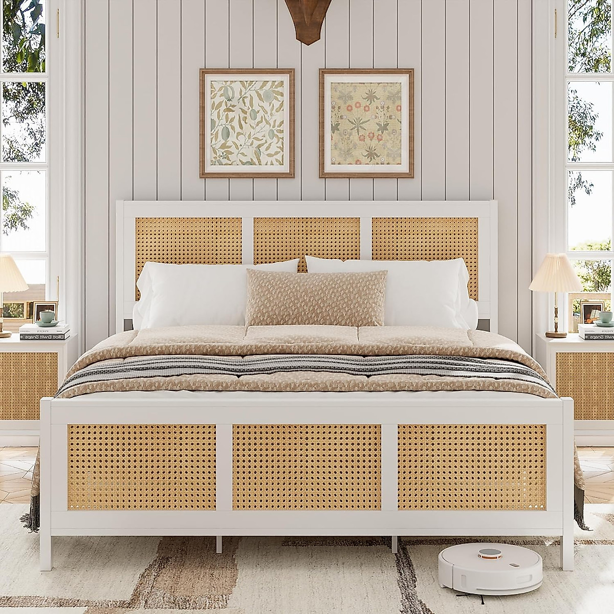 GarveeHome Queen Size Rattan Bed Frame with Headboard, White Boho Cane Platform Bed Frame with Strong Metal Slat, Noise Free, No Box Spring Needed