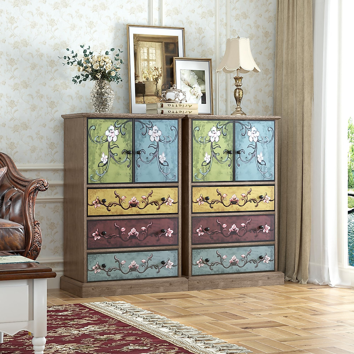 FINETONES Wood Dresser Chest of Drawers, Tall Dresser Boho Dresser with Drawers and Doors, 16.1D x 23.6W 42.3H Inch Wood Dresser Accent Dresser for Home Office