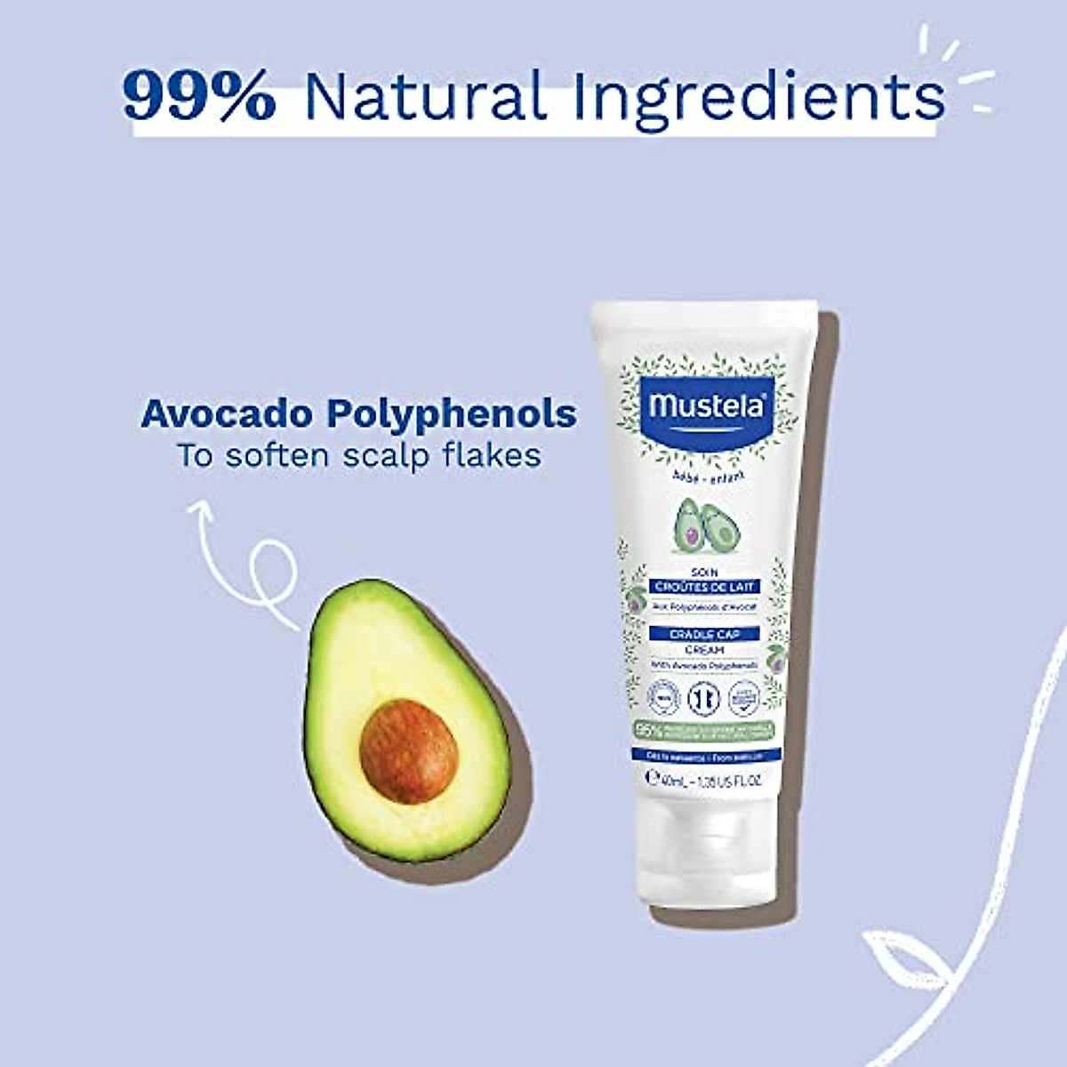 Mustela Baby Cradle Cap Cream - Newborn safe - with Natural Avocado - Paraben Free & Fragrance Free - 1.35 Fluid Ounce